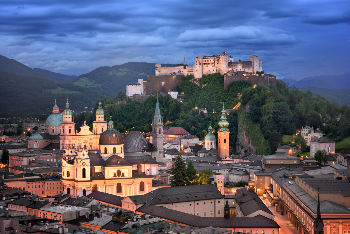 Salzburg Austria Old Town Hohensalzburg At Golden Hour Stock